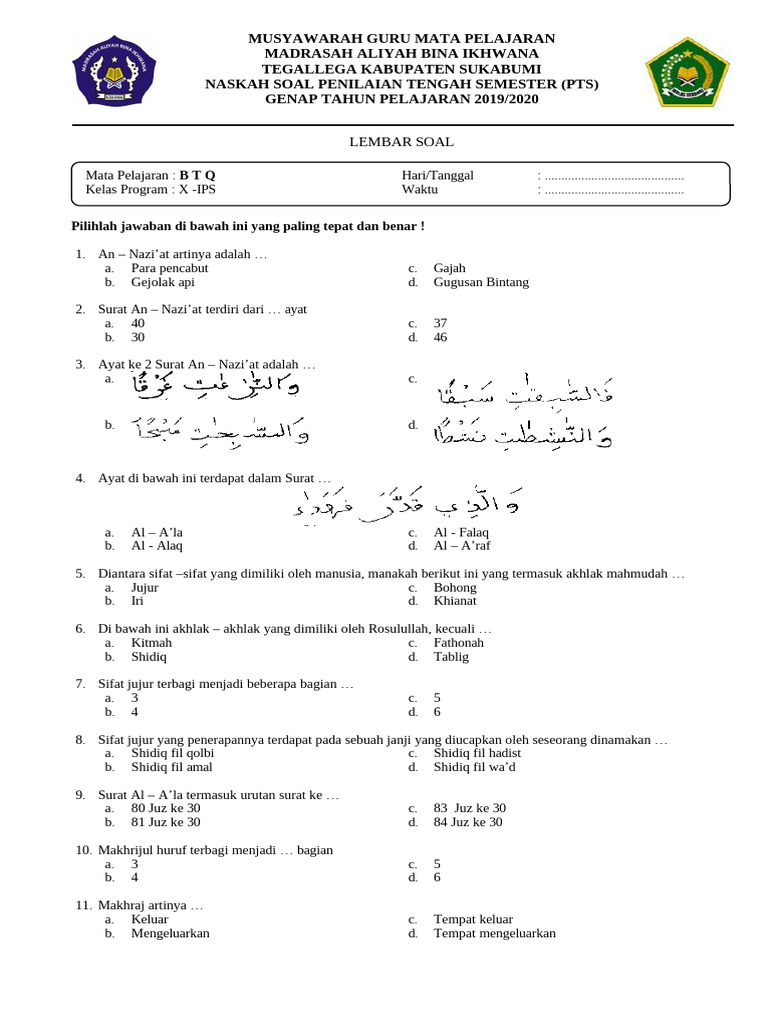 Soal Pts Genap BTQ Kelas X | PDF