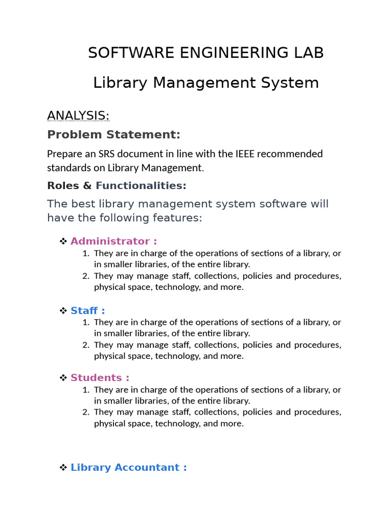 Software Engineering Lab Library Management System: Analysis | PDF