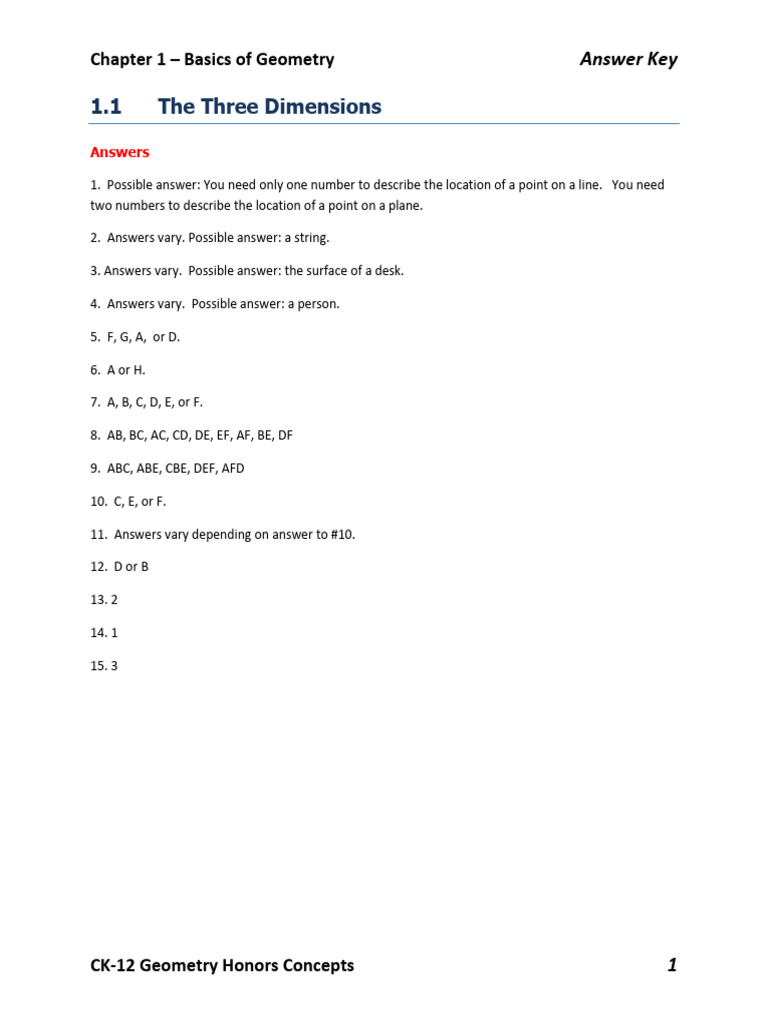 Answer Key CK-12 Chapter 01 Geometry Honors Concepts (Revised) | PDF