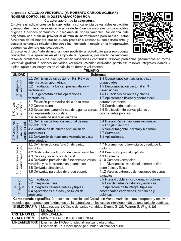 Hoja de Presentacion Del Curso Calculo Vectorial | PDF Hoja de Presentacion Del Curso Calculo Vectorial | PDF