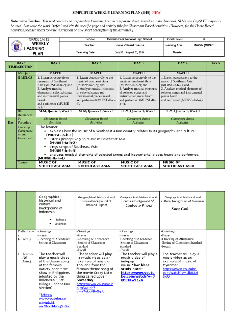 Weekly Learning Plan for MAPEH 8 | PDF | Multiple Choice | Human ...