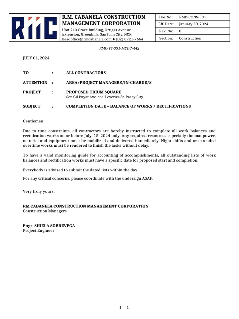 Rmc-331-Tdc-442 (All Balances of Work To Be Done Before July 15, 2024 ...
