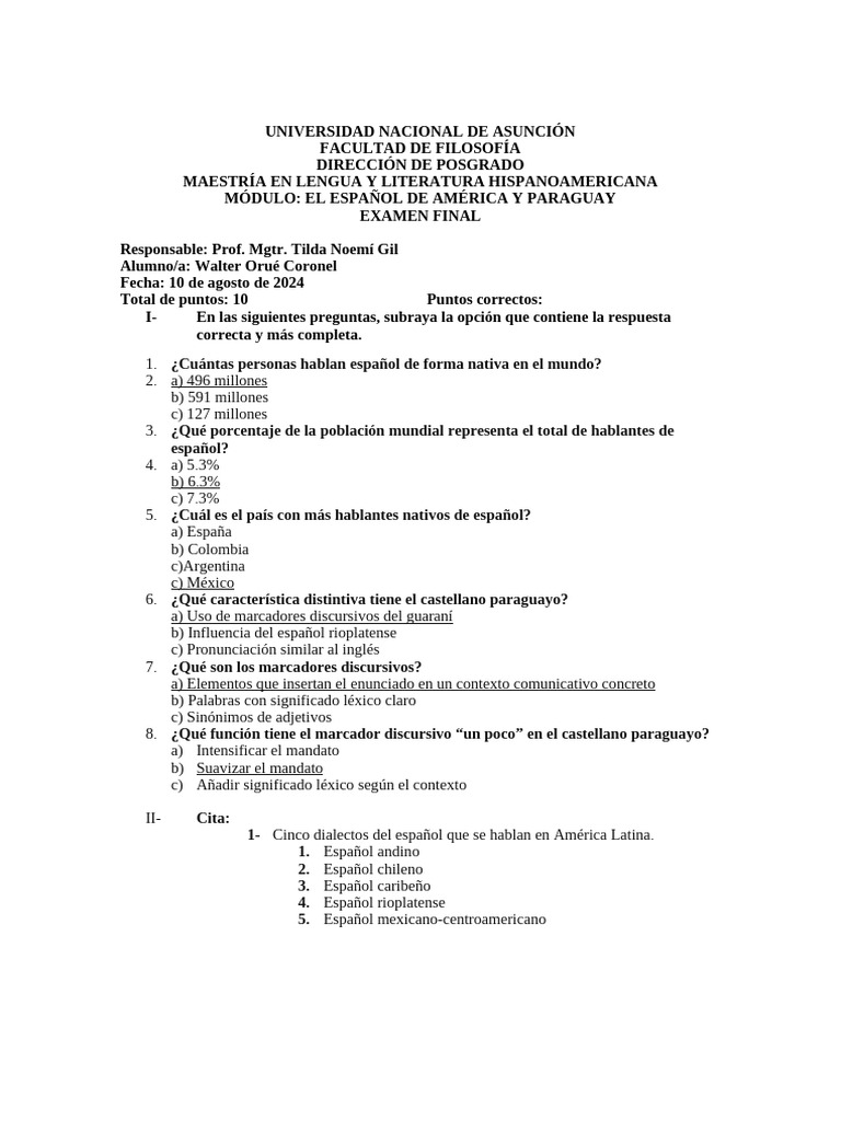 Español de América y Py - Examen Final | PDF