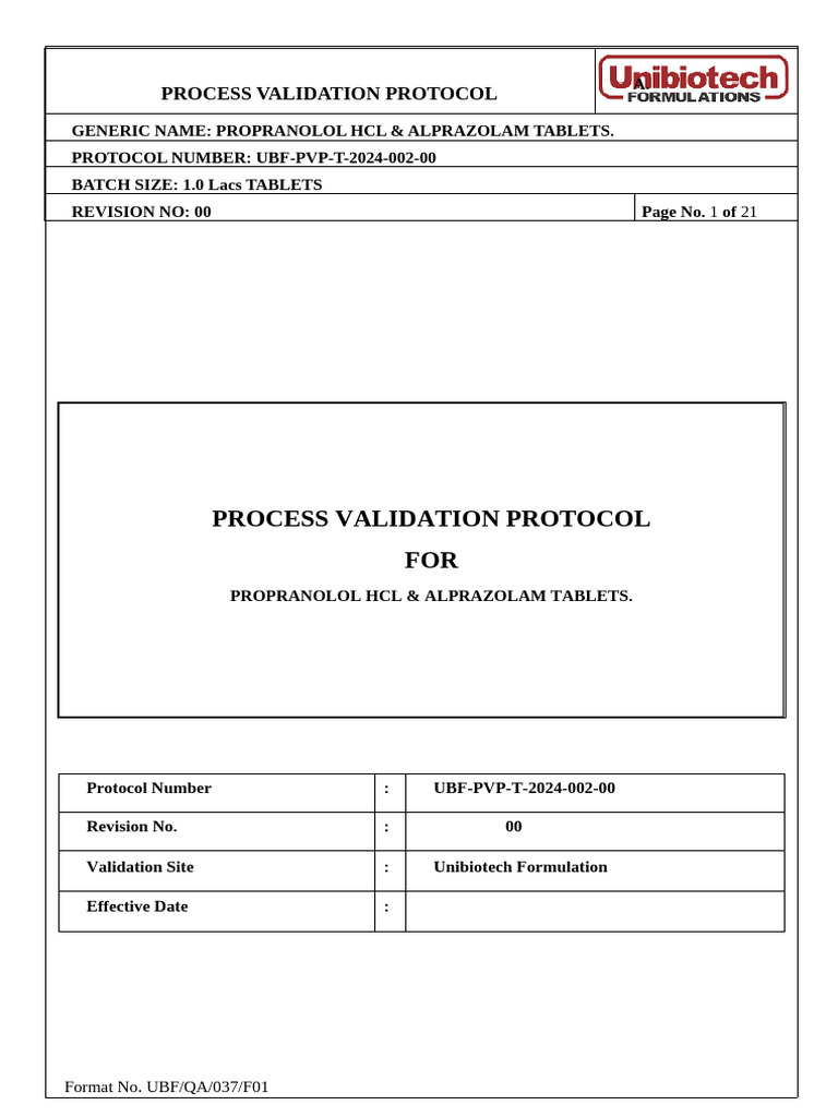 Process Validation Protocol AMBULAX TABLET | PDF