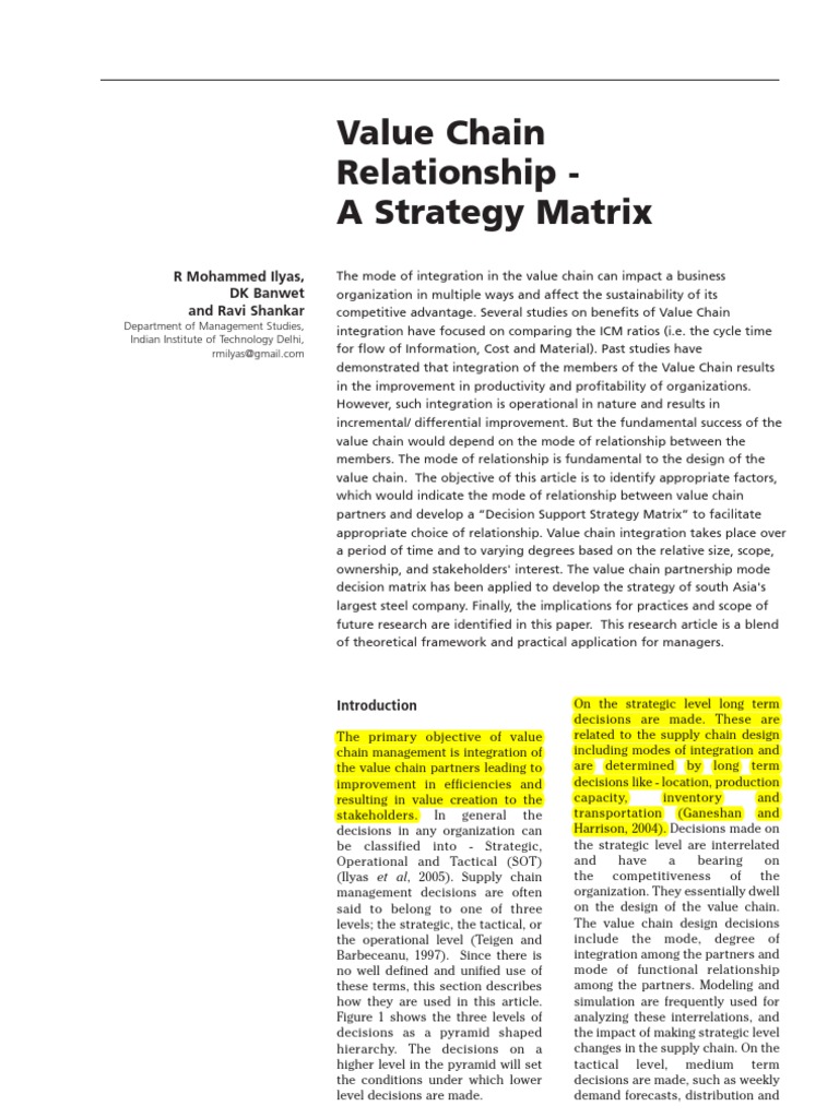 Value Chain Relationship Strategy Matrix | PDF