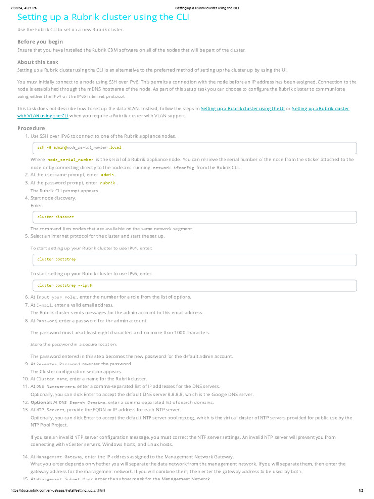 Setting Up A Rubrik Cluster Using The CLI | PDF