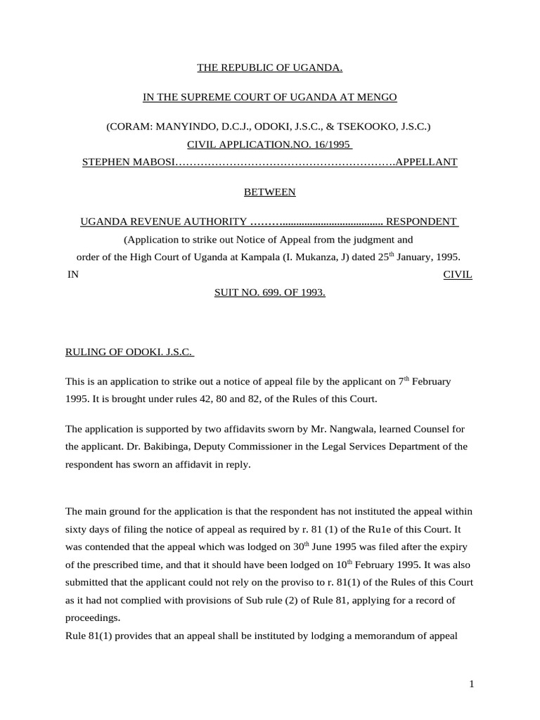 Stephen Mabosi V Uganda Revenue Authority (Civil Application No. 16 of ...