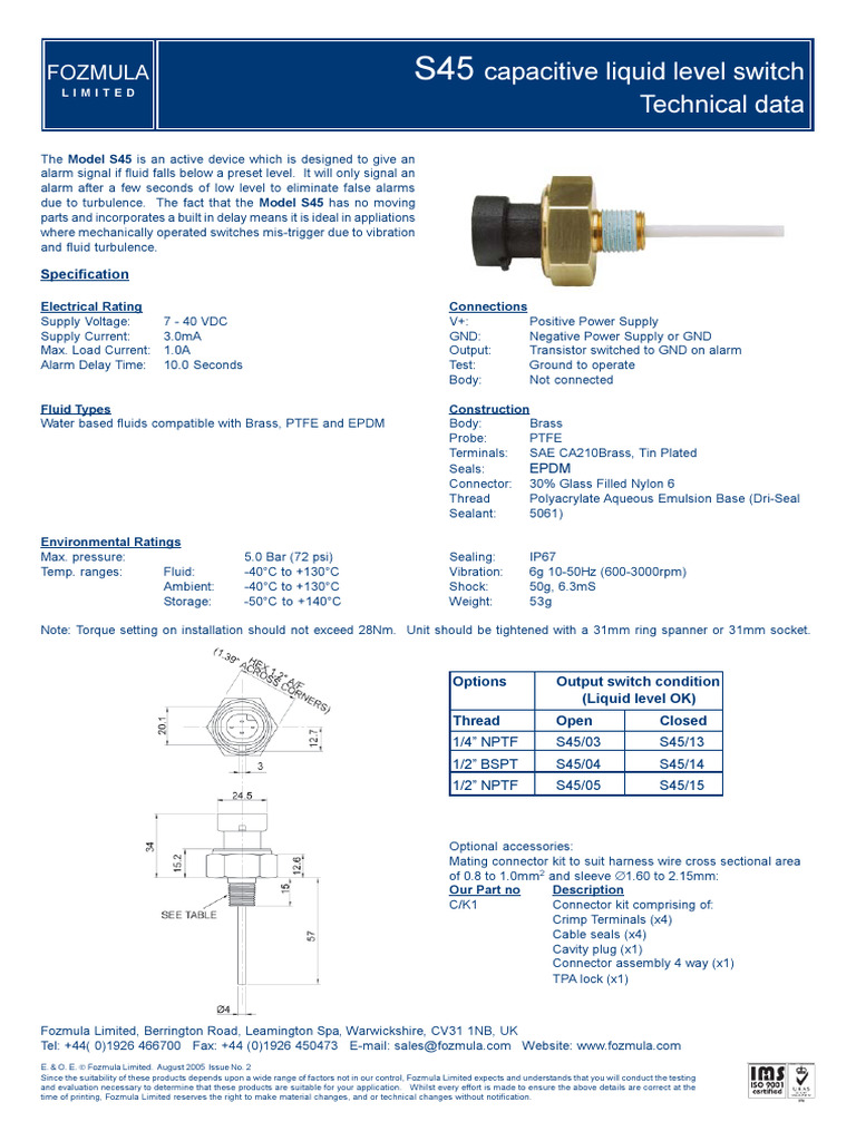 S45 Water Level Sensor | PDF