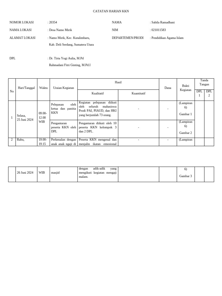 Catatan Harian KKN Sabila Hari Ke 13 14 | PDF