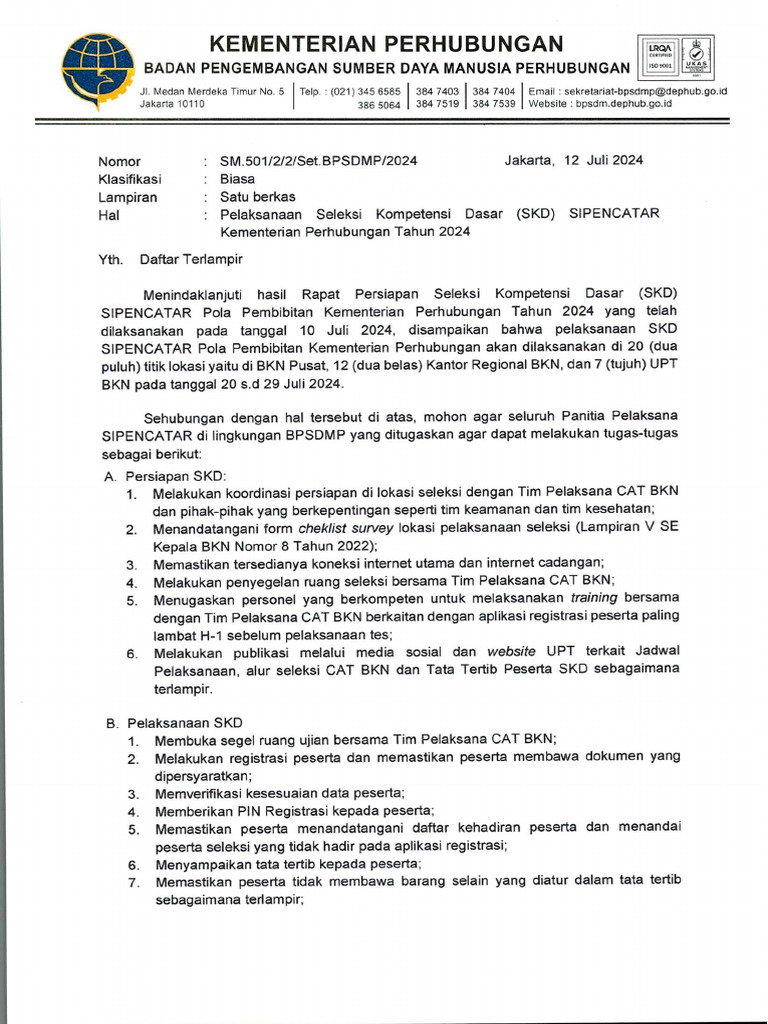 Surat Pelaksanaan SKD 2024 - 0001 | PDF