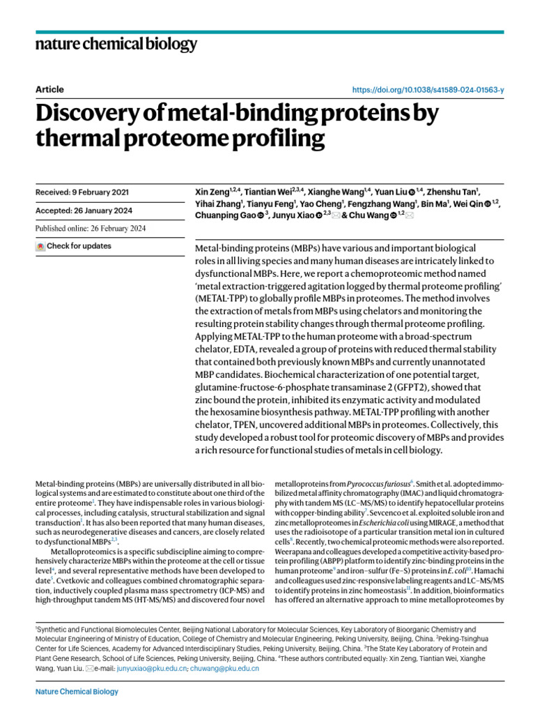 Discovery of Metal-Binding Proteins by Thermal Proteome Profiling | PDF