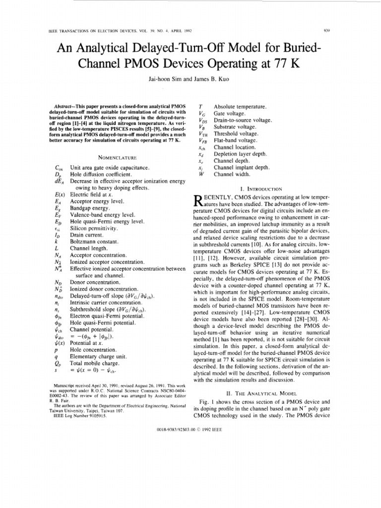 An Analytical Delayed-Turn-Off Model For Buried-Channel PMOS Devices Operating at 77 K | PDF