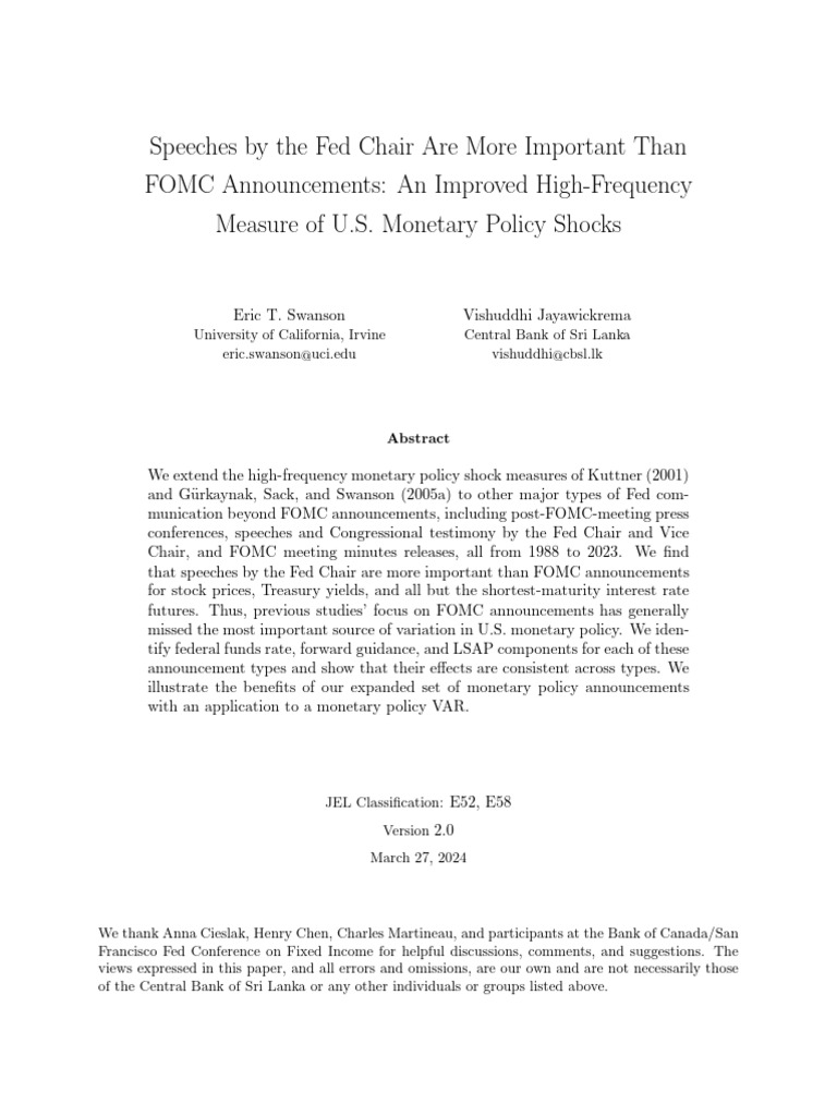 2024 - Speeches by The Fed Chair Are More Important Than FOMC Announcements - Swanson Etal | PDF