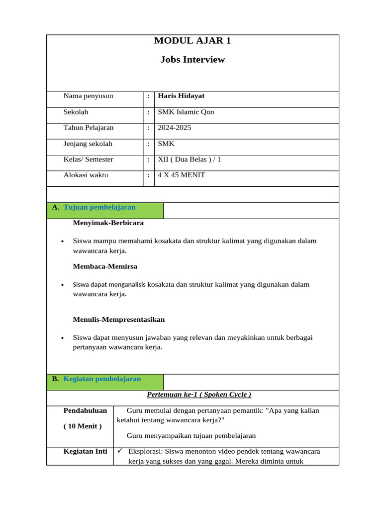 Format Modul Ajar Sederhana Jobs Interview | PDF