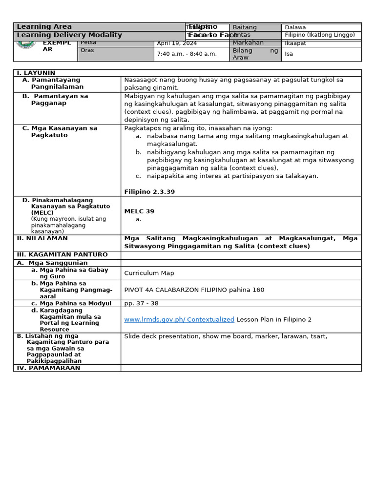 FILIPINO LE FOR COT 4 WEEK 3 4TH QUARTER PDF