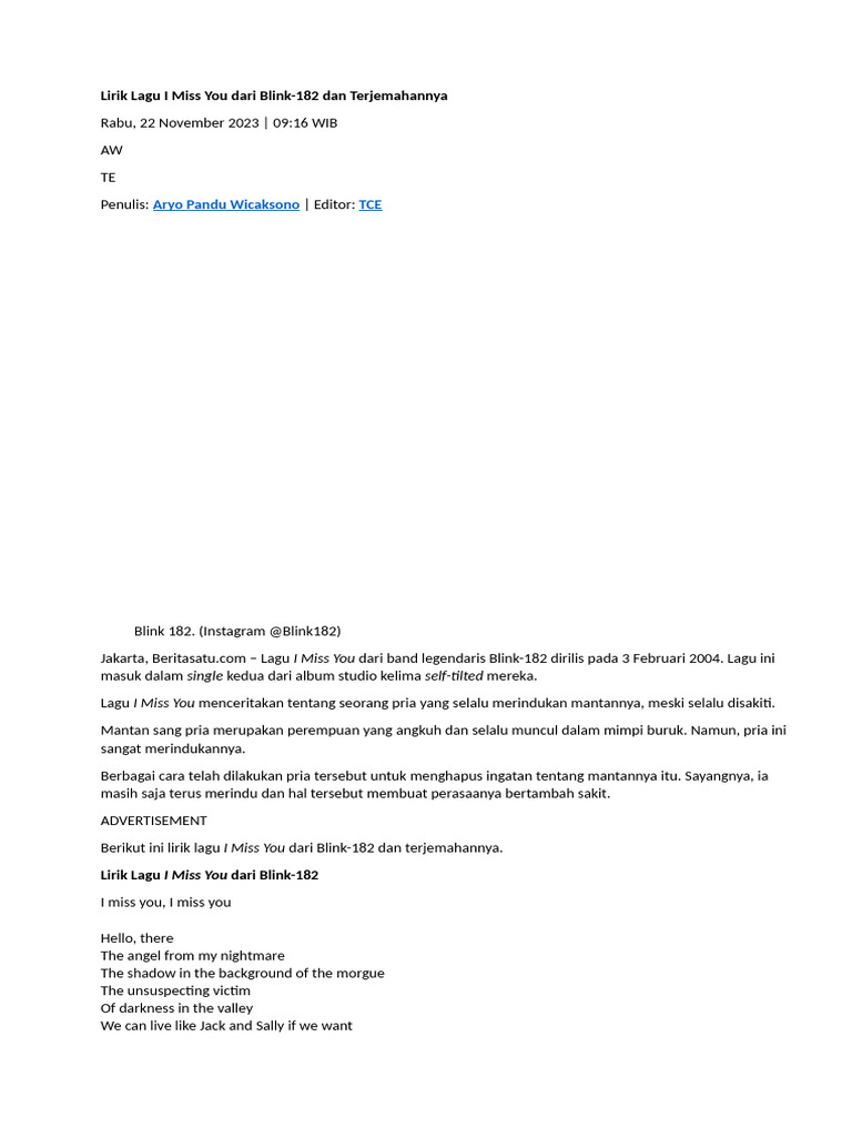 Lirik Lagu I Miss You Dari Blink | PDF