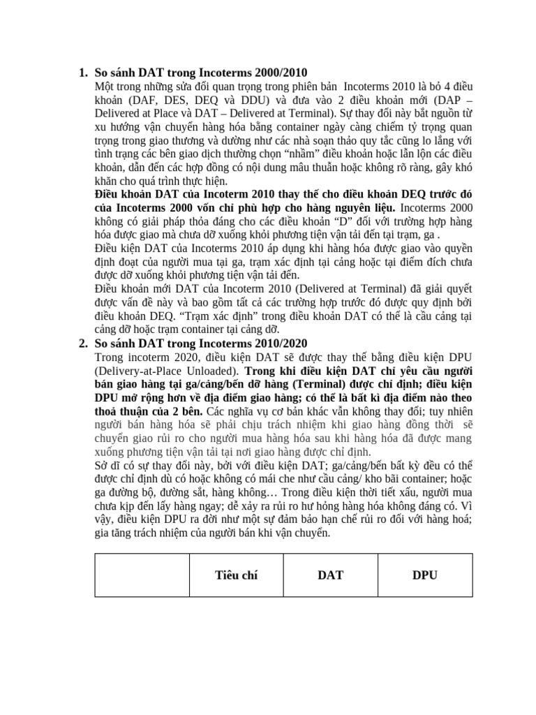 So Sánh DAT Incoterms 2000-2010-2020 | PDF