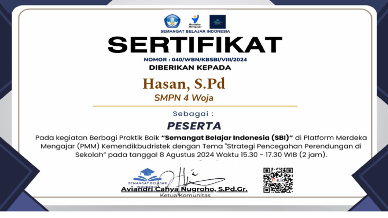 SERTIFIKAT Hasan, S.PD PENCEGAHAN PERUNDUNGAN | PDF