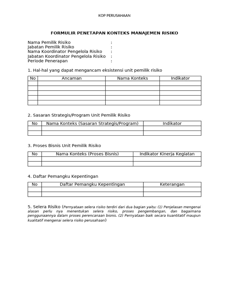 Formulir Penetapan Konteks Manajemen Risiko | PDF