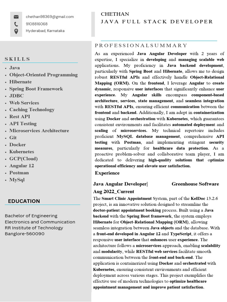 Professionalsummary: Chethan Java Full Stack Developer | PDF