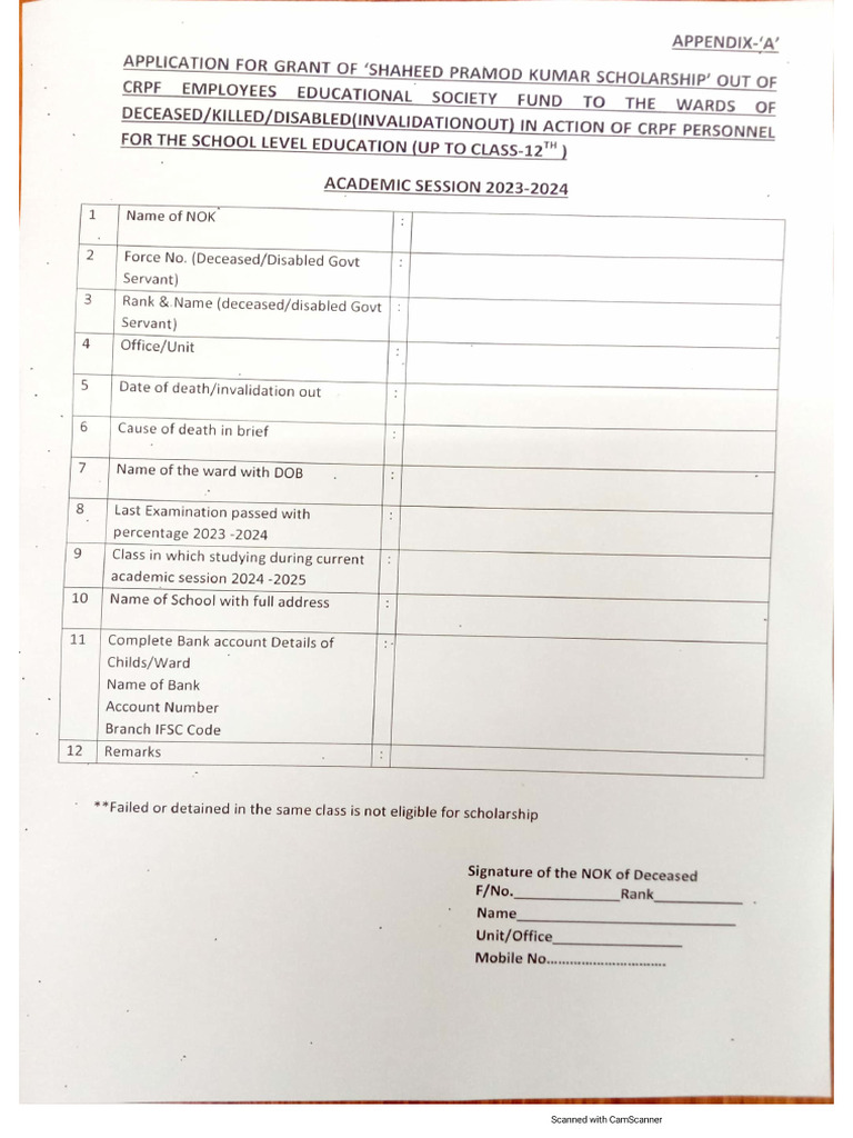 Shaheed Promod Kumar Scholarship Form PDF | PDF