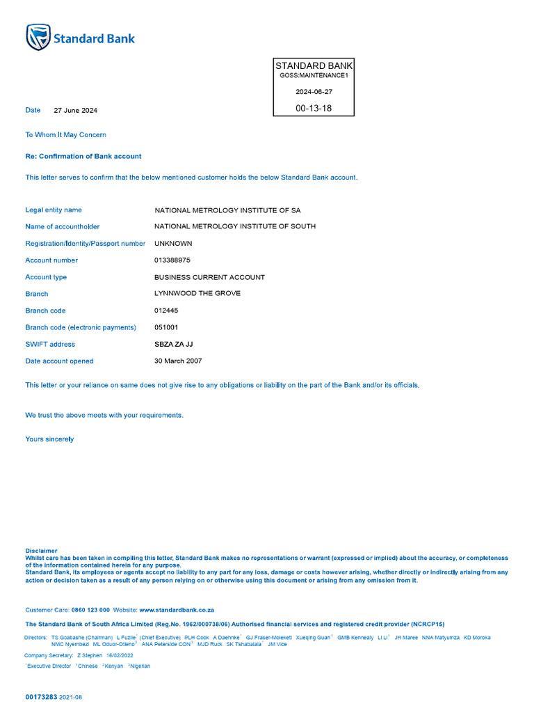 SBSA Bank Confirmation Letter As at 27 June 2024 | PDF