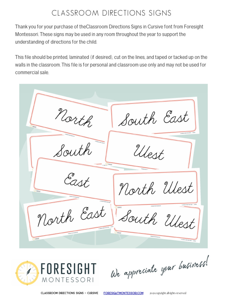 Classroom Direction Signs Foresight Cursive | PDF