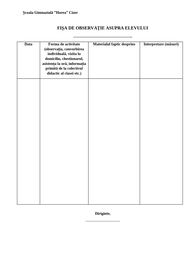 Fisa de Observatie Asupra Elevului | PDF