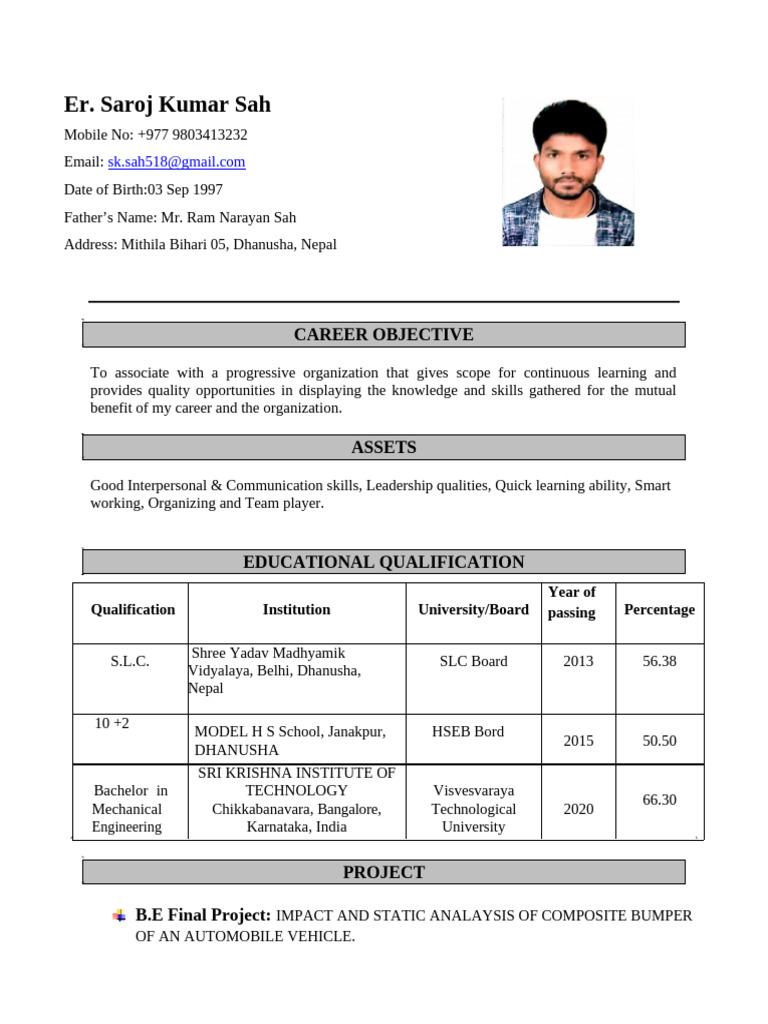 Er. Saroj Kumar Sah: Career Objective | PDF