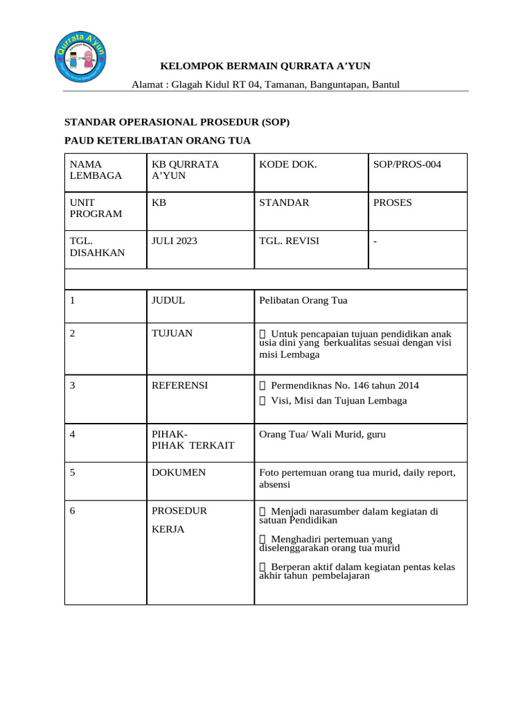Sop Keterlibatan Orang Tua | PDF Sop Keterlibatan Orang Tua | PDF