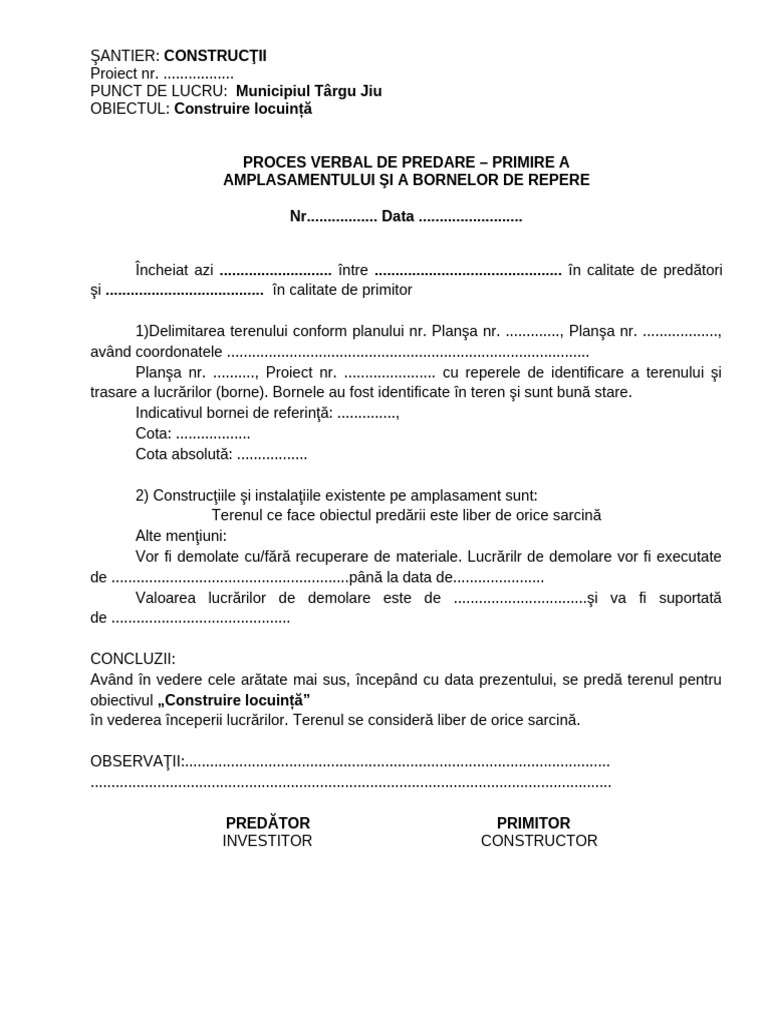 Proces Verbal de Predare - Primire | PDF