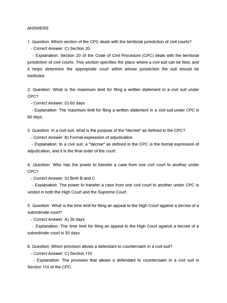 Code of Civil Procedure, 1908 (CPC)_ ANSWER | PDF