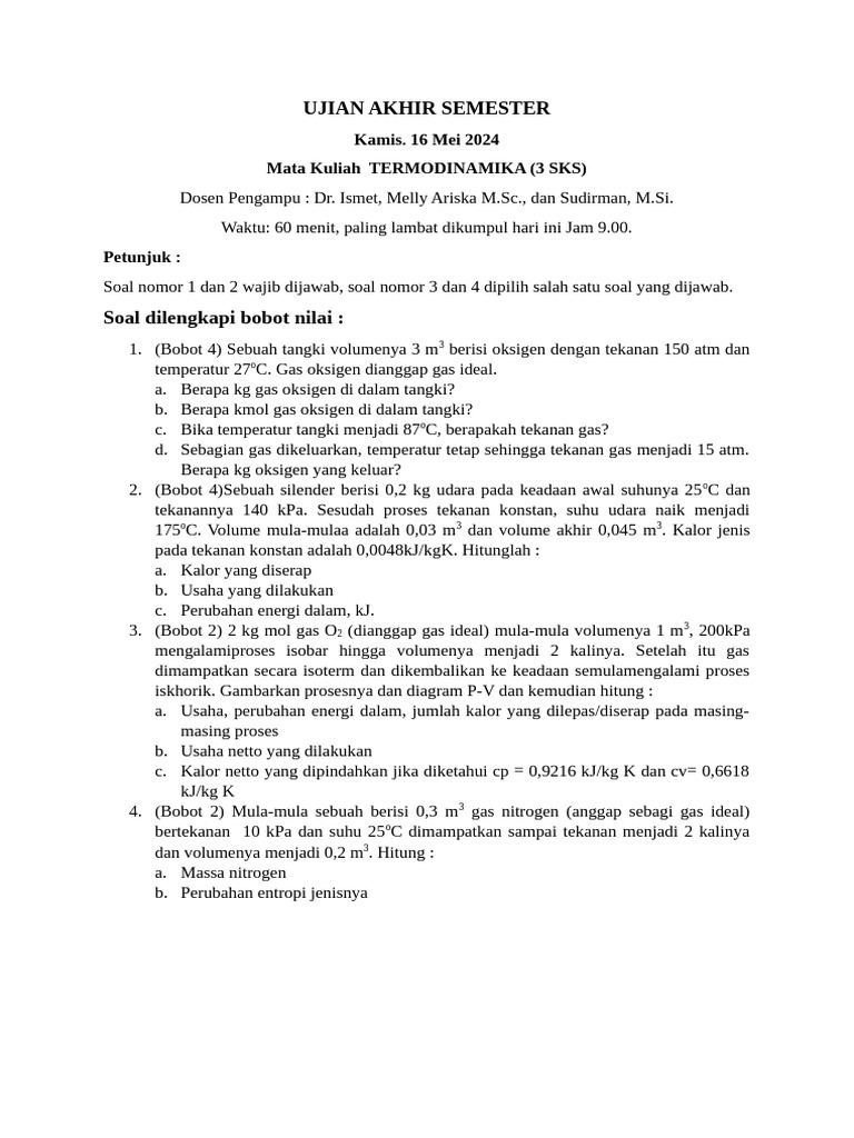 Ujian Akhir Semester Termodinamika 2024 | PDF