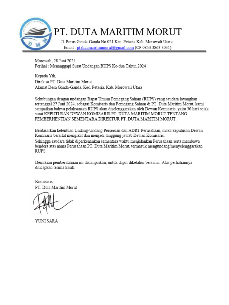 Tanggapan Surat Undangan RUPS Direktur | PDF