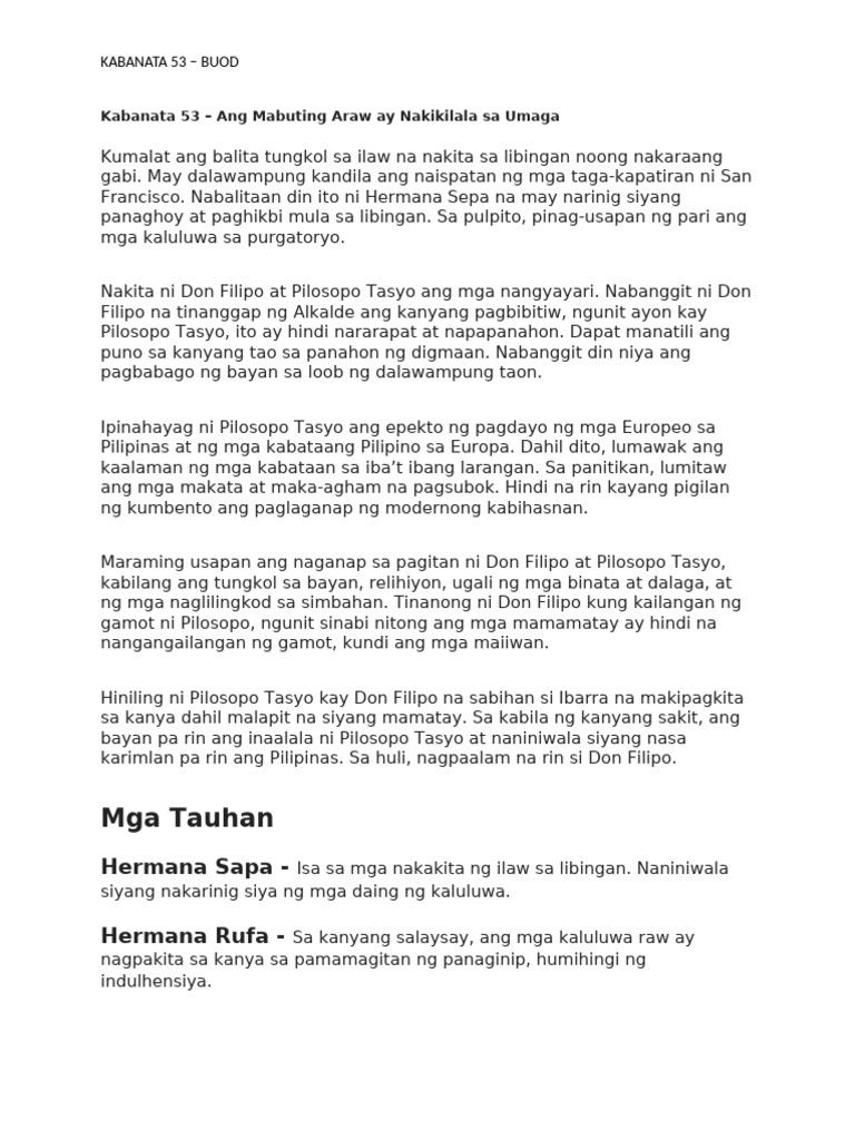 NOLI ME TANGERE Kabanata 53 - Buod | PDF
