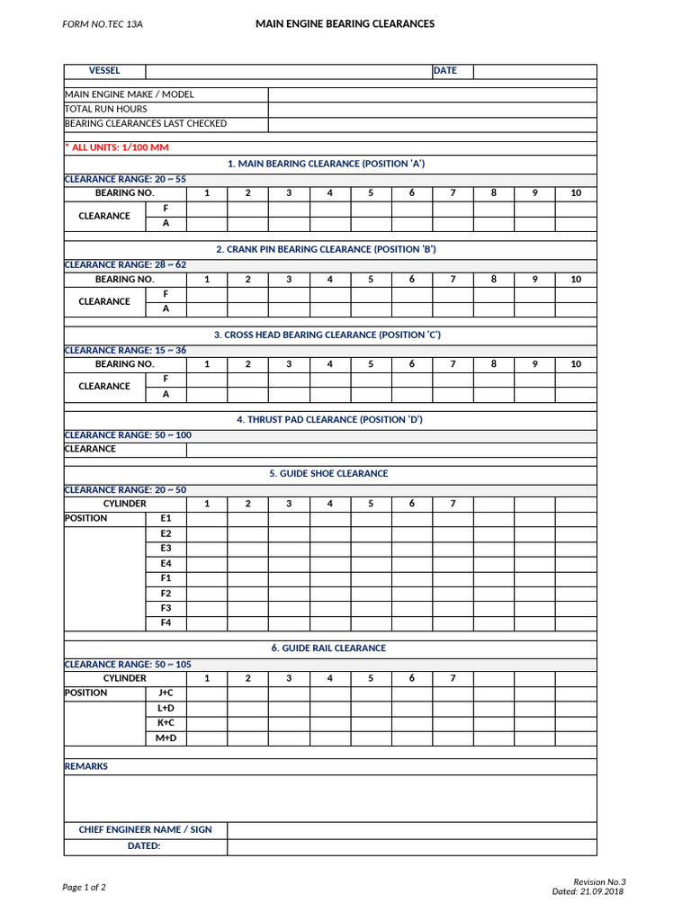 Tec 13a - Main Engine Bearing Clearance Report | PDF