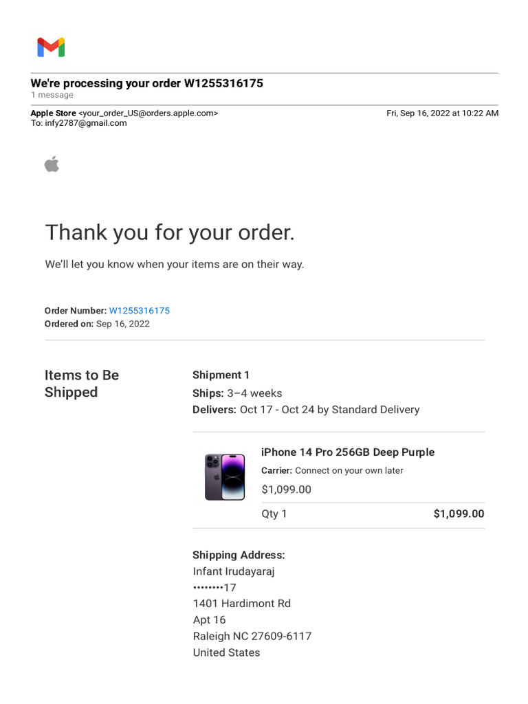 Gmail - We'Re Processing Your Order W1255316175 | PDF