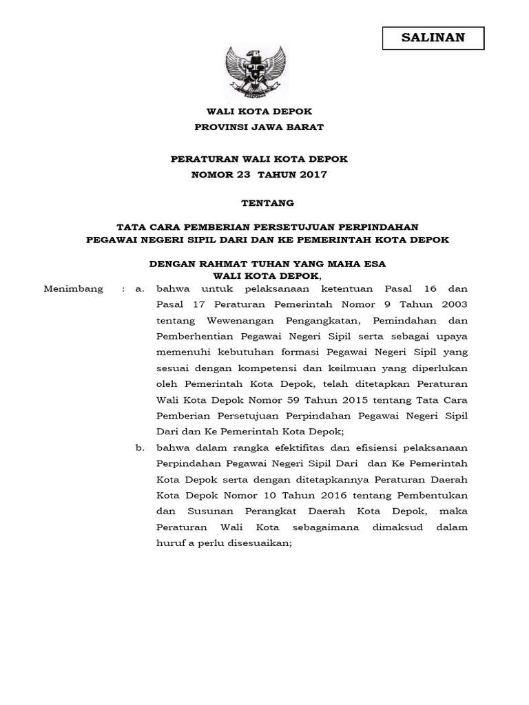 Perwal No 23 Tahun 2017 Tata Cara Pemberian Persetujuan Perpindahan ...