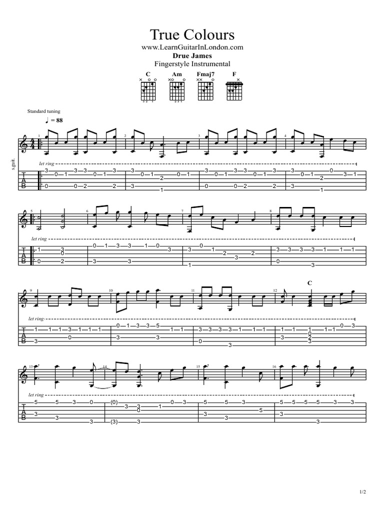 True Colours Fingerstyle TAB Drue James | PDF