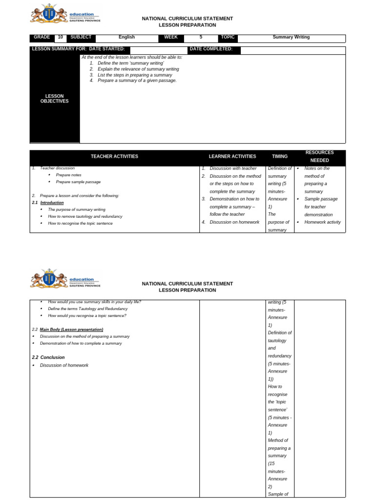 LESSON PLAN 5 SUMMARY WRITING (1) Modified | PDF