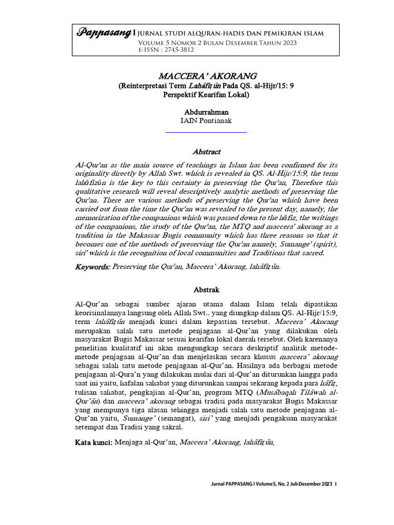 2) +abdurrahman +MACCERA+AKORANG + (Reinterpretasi+Term+Lahafizun+Pada+QS+Al Hijr15+9+Perspektif ...