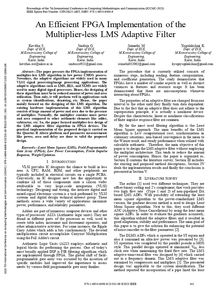 An Efficient FPGA Implementation of The Multiplier-Less LMS Adaptive Filter | PDF