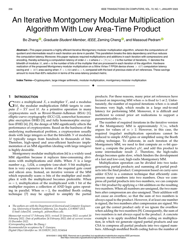 An Iterative Montgomery Modular Multiplication Algorithm With Low Area Time Product Pdf