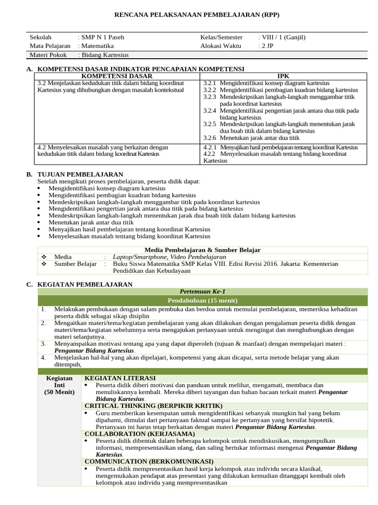 RPP I MTK Kelas Viii | PDF