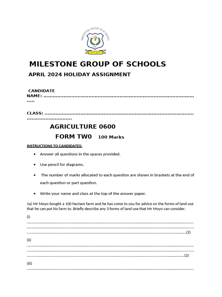 FORM 2 April Holiday Assignment 2024 - 063741 | PDF | Plants | Botany