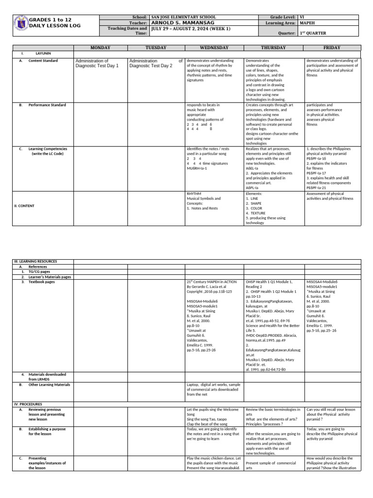DLL - Mapeh 6 - Q1 - W1 | PDF