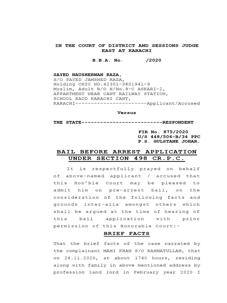 Bail Before Arrest Application Under Section 498 CR.P.C.: in The Court ...