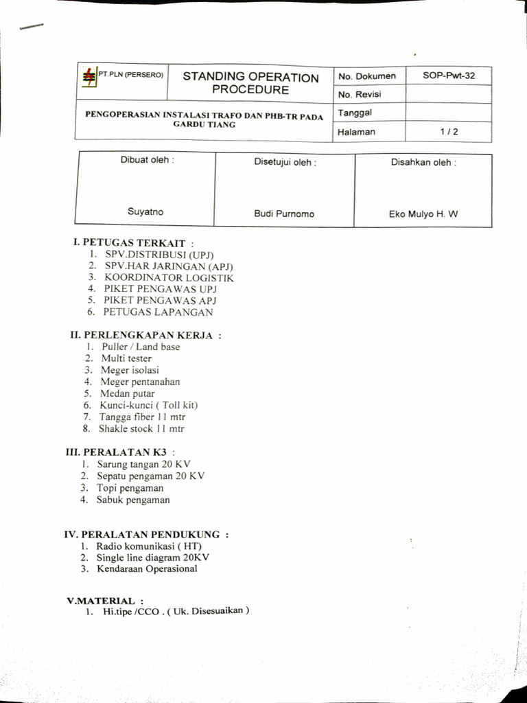 Sop Pengoperasian Instalasi Trafo Dan Phb-tr Pada Gardu Tiang | PDF