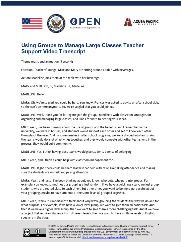 Using Groups To Manage Large Classes TSC Transcript | PDF