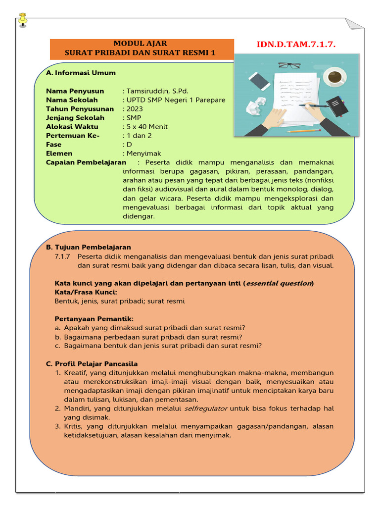 Modul Ajar Bahasa Indonesia - 7-1-7 Mengenal Surat Pribadi Dan Surat ...